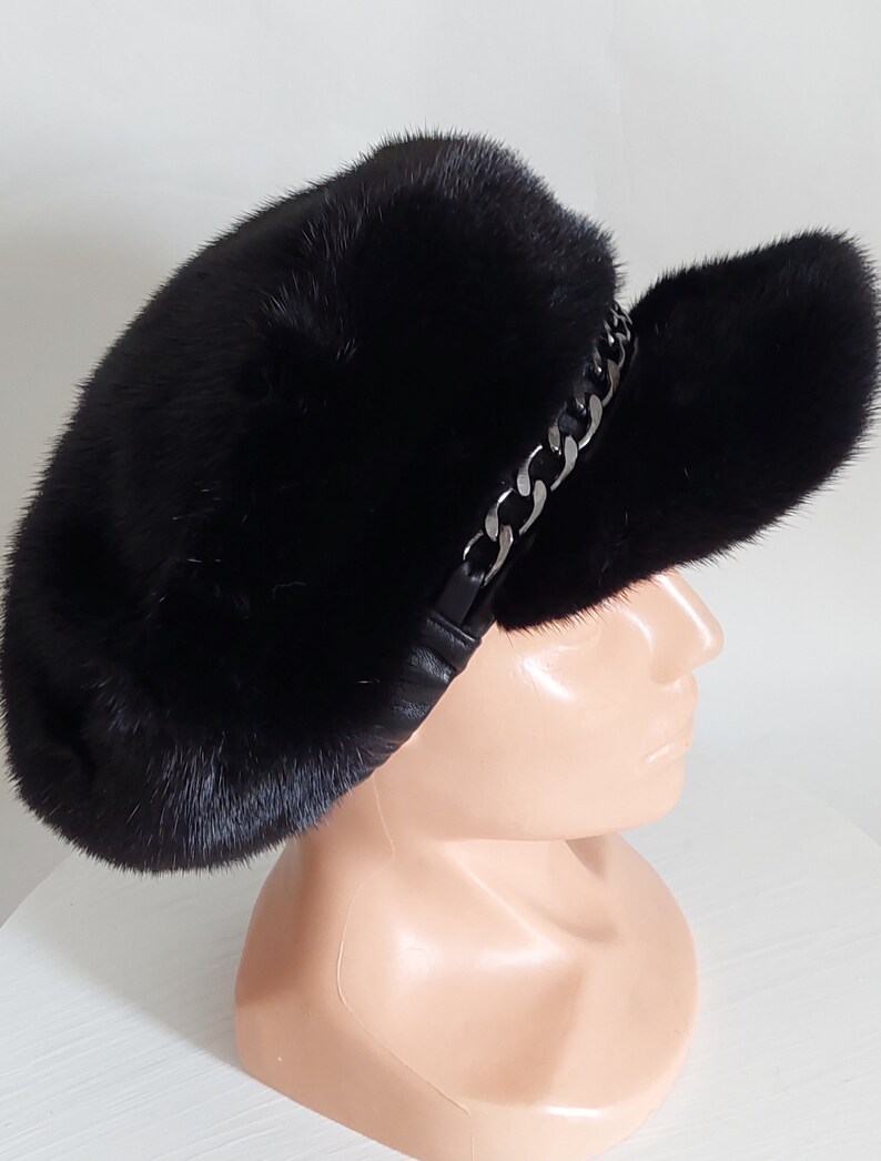 Mink Fur Hat Beret With Snap and Chain in Black - Etsy