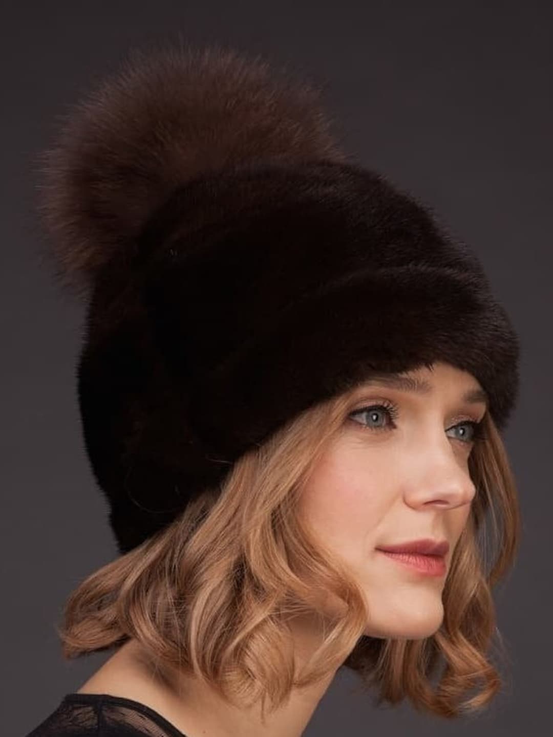 Brown Mink Fur Hat With Big Fox Fur Pom-pom - Etsy