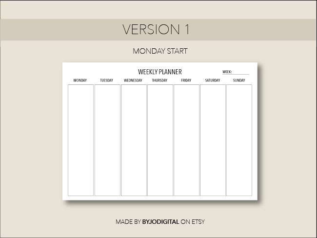 Blank Minimalistic 7 Day Printable Weekly Planner I Monday & Sunday ...