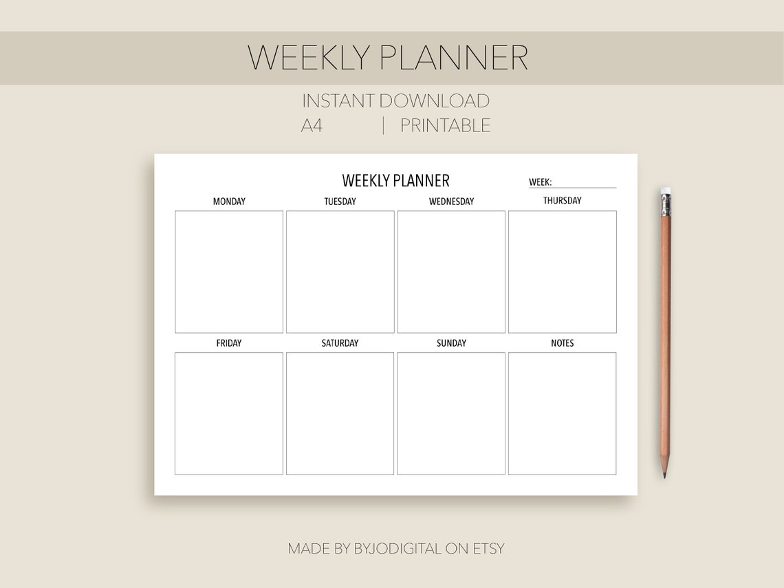 Blank Minimalistic Printable Weekly Planner Horizontal I Instant ...