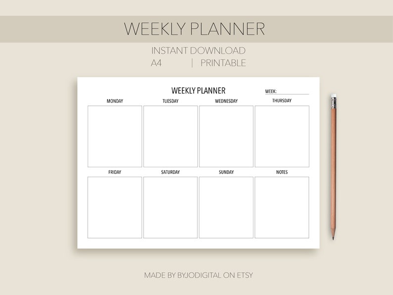 Blank Minimalistic Printable Weekly Planner Horizontal I Instant ...