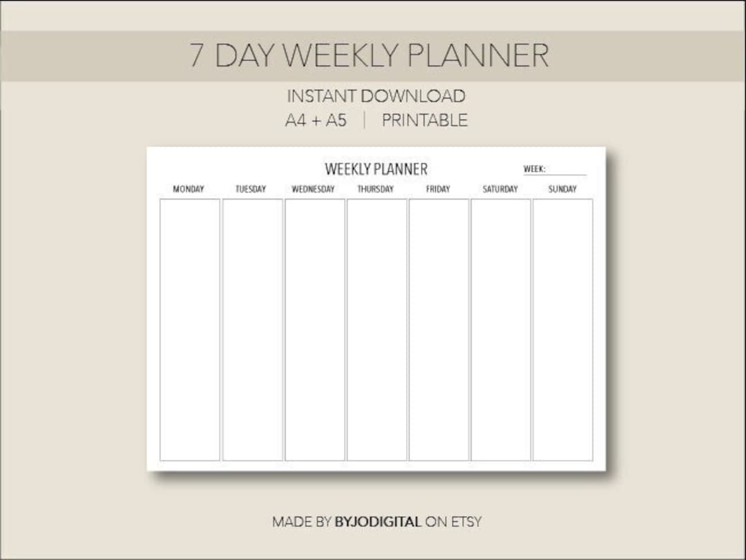 Blank Minimalistic 7 Day Printable Weekly Planner I Monday & Sunday ...