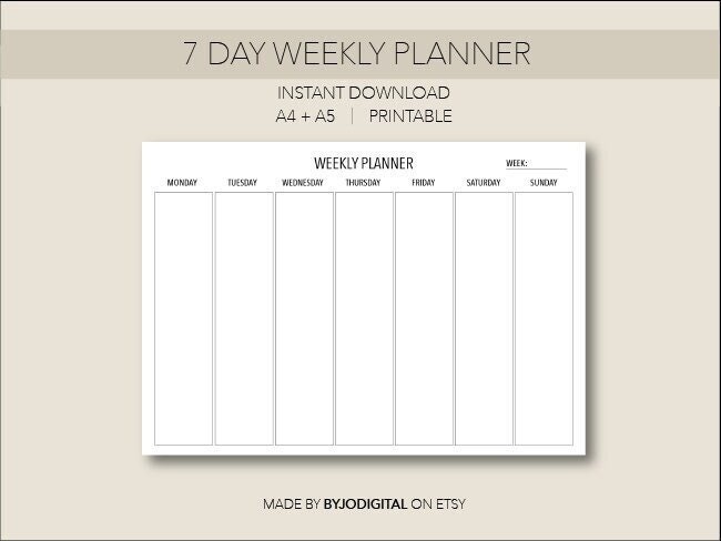 Blank Minimalistic 7 Day Printable Weekly Planner I Monday & Sunday ...
