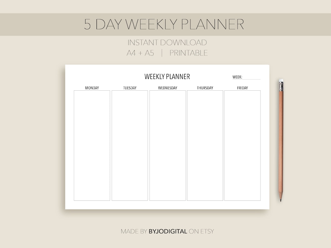 Blank Minimalistic 5 Day Printable Weekly Planner I Instant Download ...