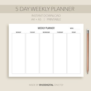 Blank Minimalistic 5 Day Printable Weekly Planner I Instant Download ...