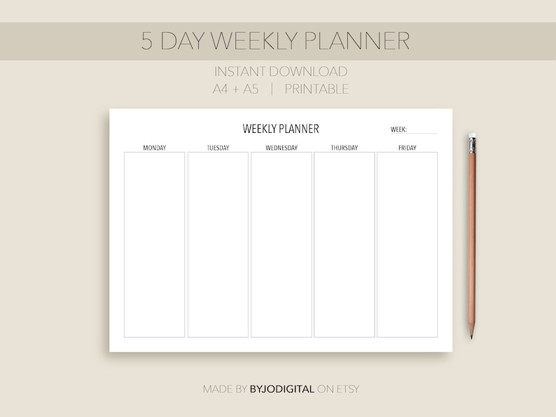 Blank Minimalistic 5 Day Printable Weekly Planner I Instant Download ...