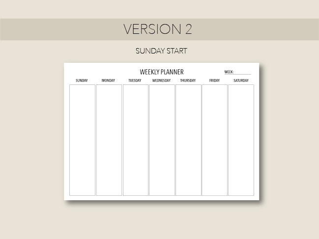 Blank Minimalistic 7 Day Printable Weekly Planner I Monday & Sunday ...