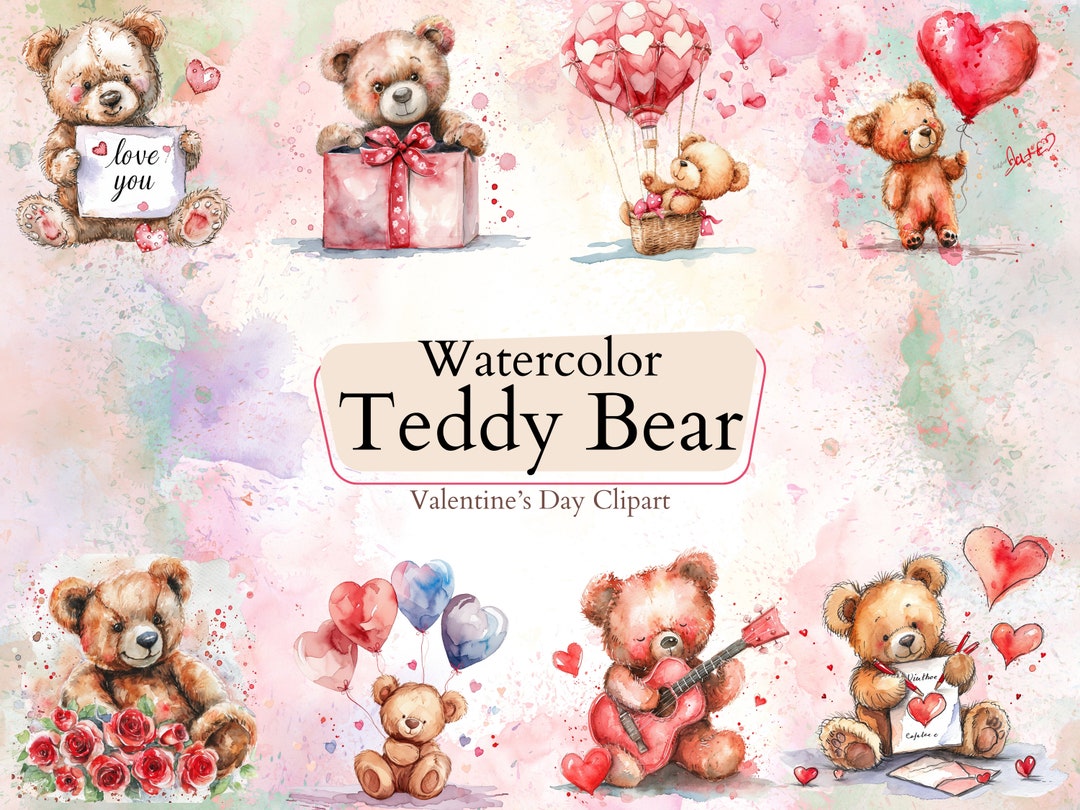 Watercolor Valentine Teddy Bear Clipart 40 PNG Love Bears Kids ...