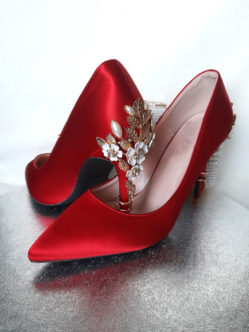 Red Satin Shoes for Bride or Bridesmaid With Floral Embellishment - Etsy