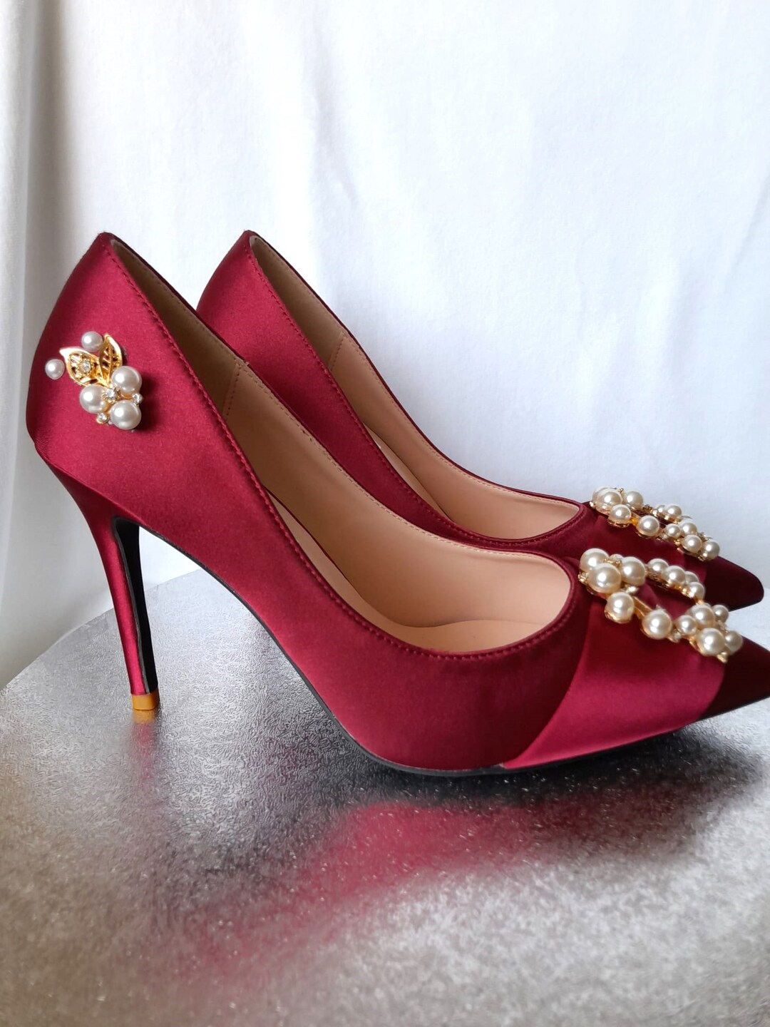 Stylish Burgundy Wine Red Satin Wedding Shoes for Bride or Bridesmaid ...
