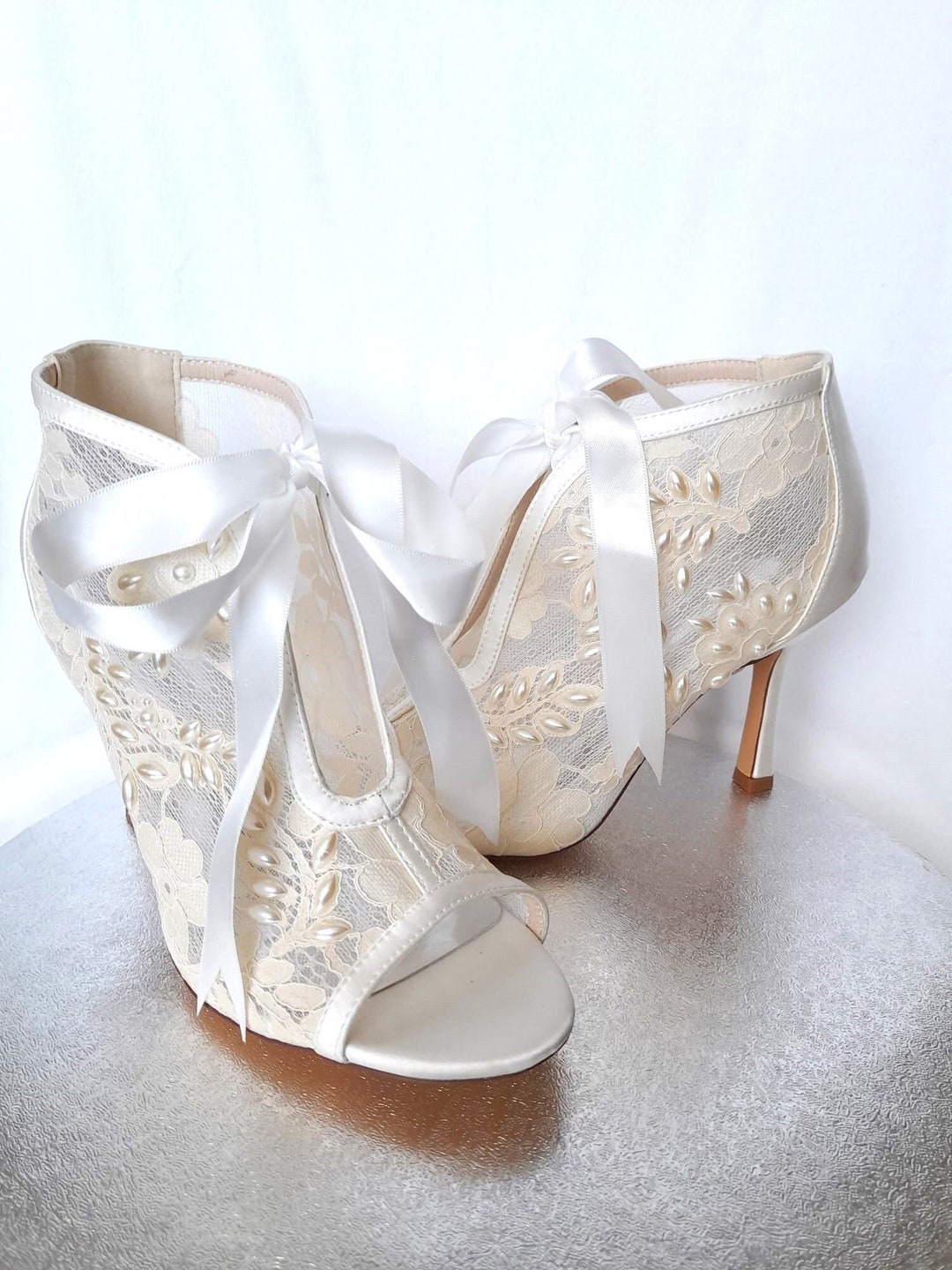 Ivory Satin Lace Bridal Boots: Vintage Pearl Wedding Ankle Shoes - Etsy