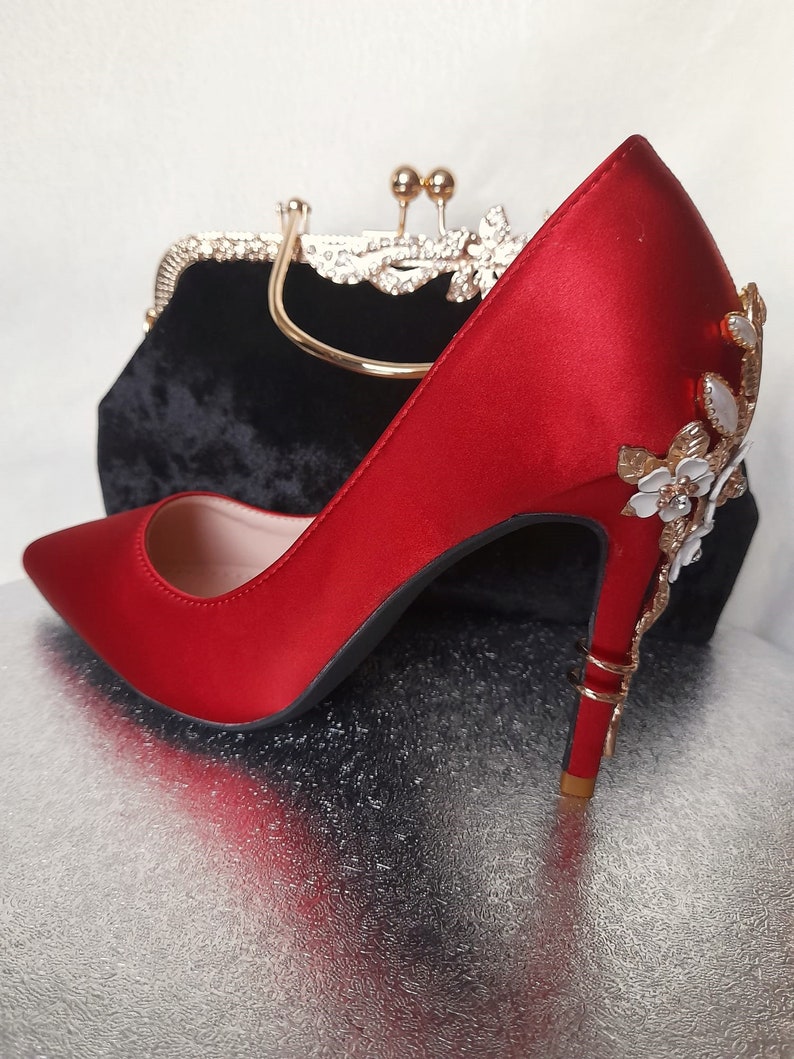 Red Satin Shoes for Bride or Bridesmaid With Floral Embellishment - Etsy