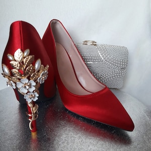 Red Satin Shoes for Bride or Bridesmaid With Floral Embellishment - Etsy