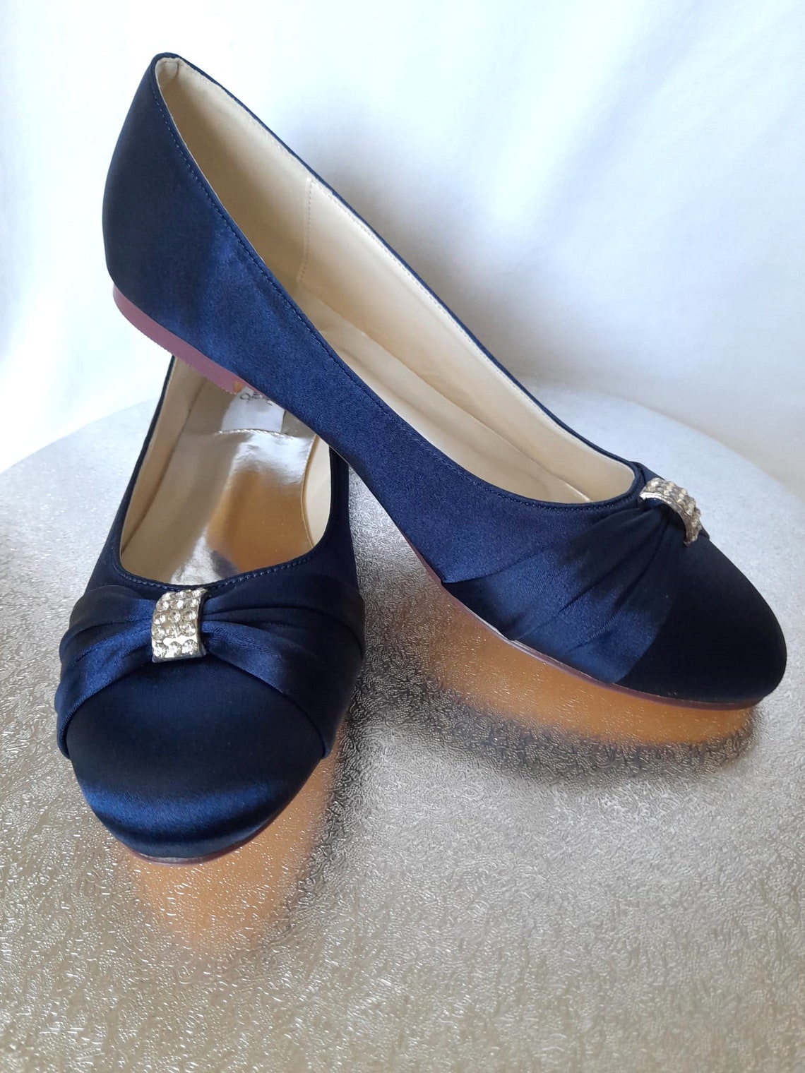 Stylish Navy Blue Satin Ballet Flats Ideal for Bride, Bridesmaid, or ...