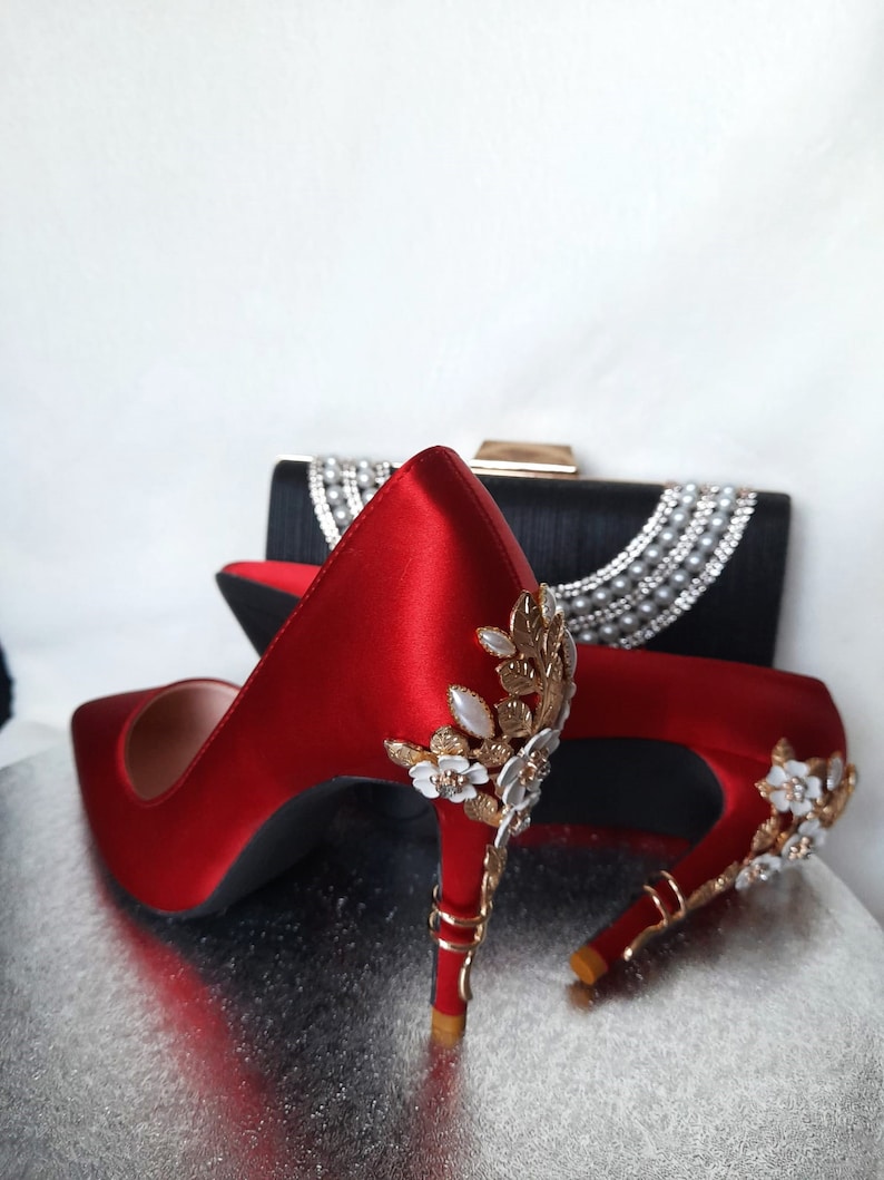 Red Satin Shoes for Bride or Bridesmaid With Floral Embellishment - Etsy
