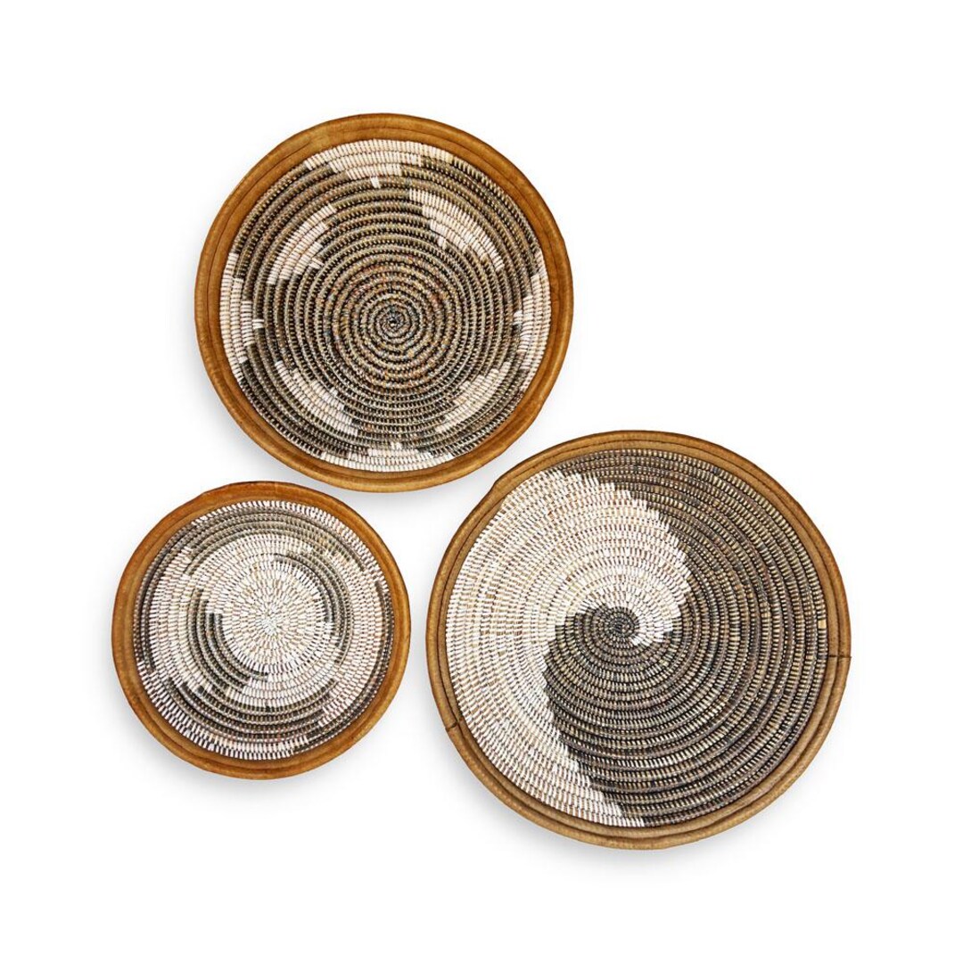 Set of 3 Grey & White African Fele Wall Baskets With Beige Leather Trim ...