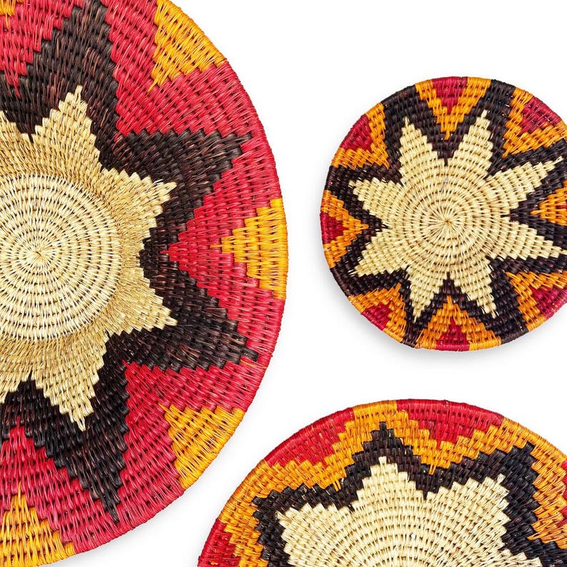 Set of 7 Black, Red, & Orange African Wall Baskets – Handwoven in ...