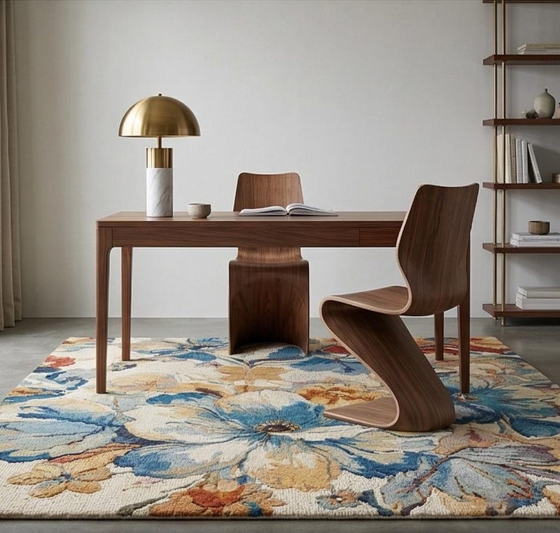 Hand-tufted Wool Rug | Blue Gold Floral Botanical Large Area Carpet ...