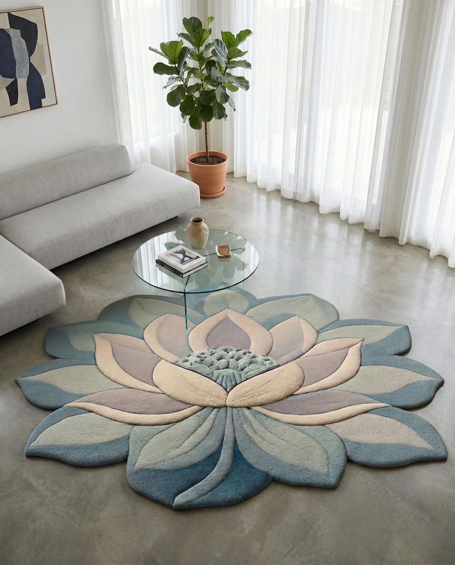Blue Ivory Lotus Flower Rug - Sculpted Wool Art Rug - Gradient Blue ...