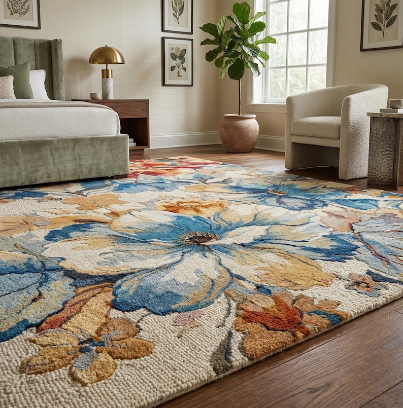 Hand-tufted Wool Rug | Blue Gold Floral Botanical Large Area Carpet ...