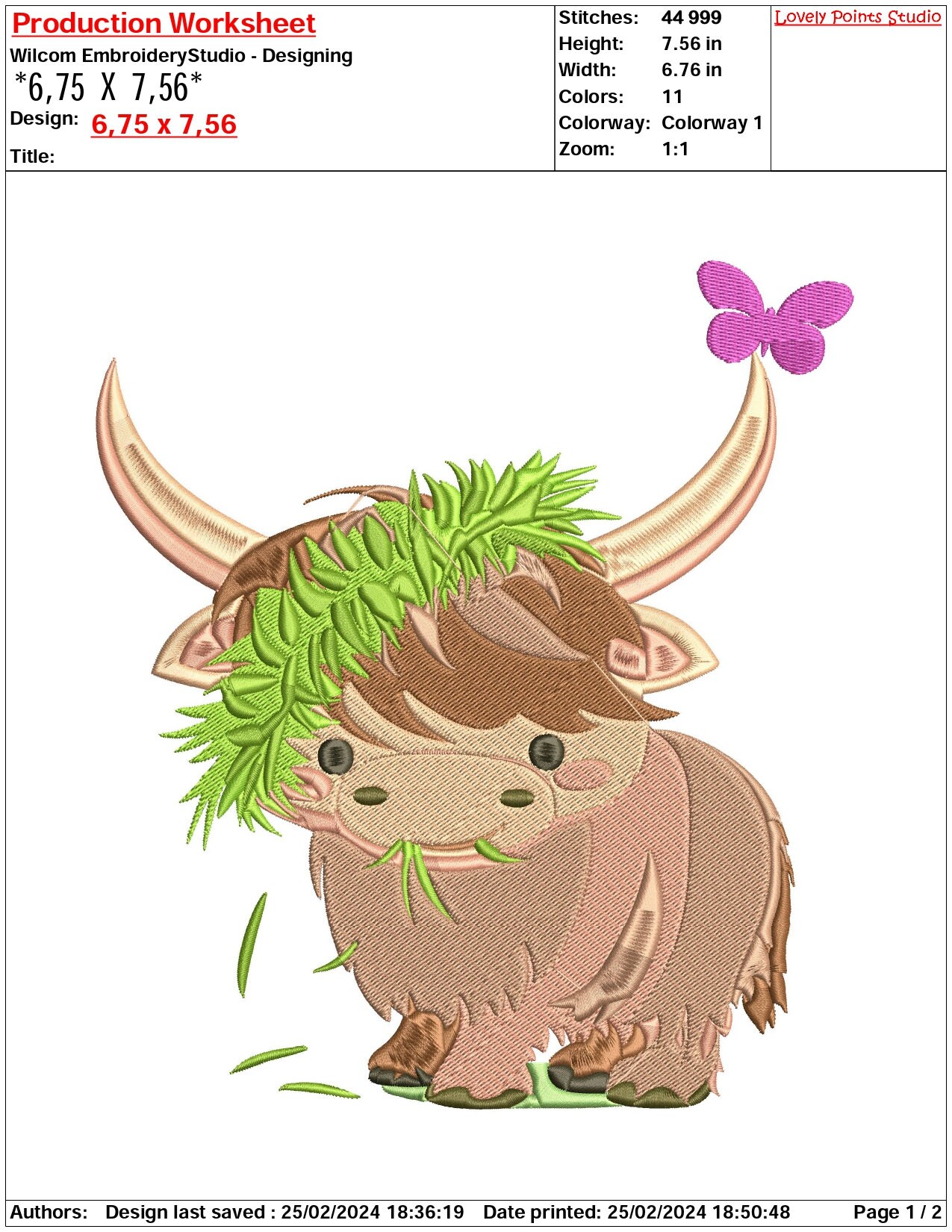 Baby Highland Cow With Grass and Butterfly Embroidery Design for ...