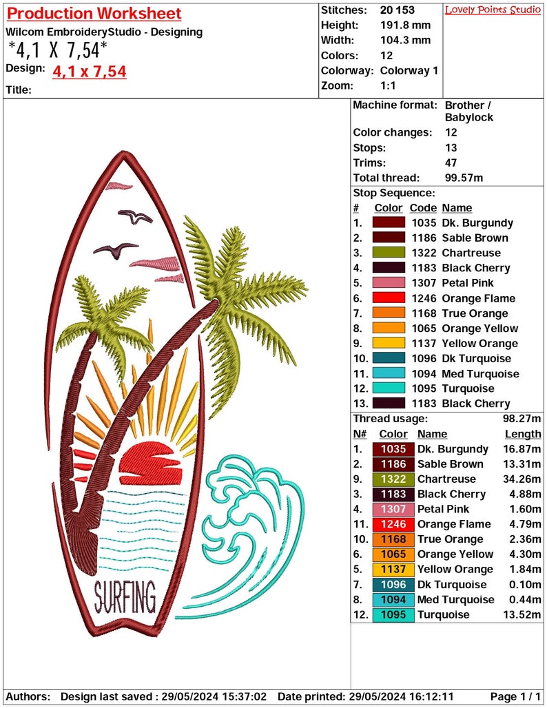 Surfboard Beach Embroidery Design: Summer Elements (digital File, 6 ...