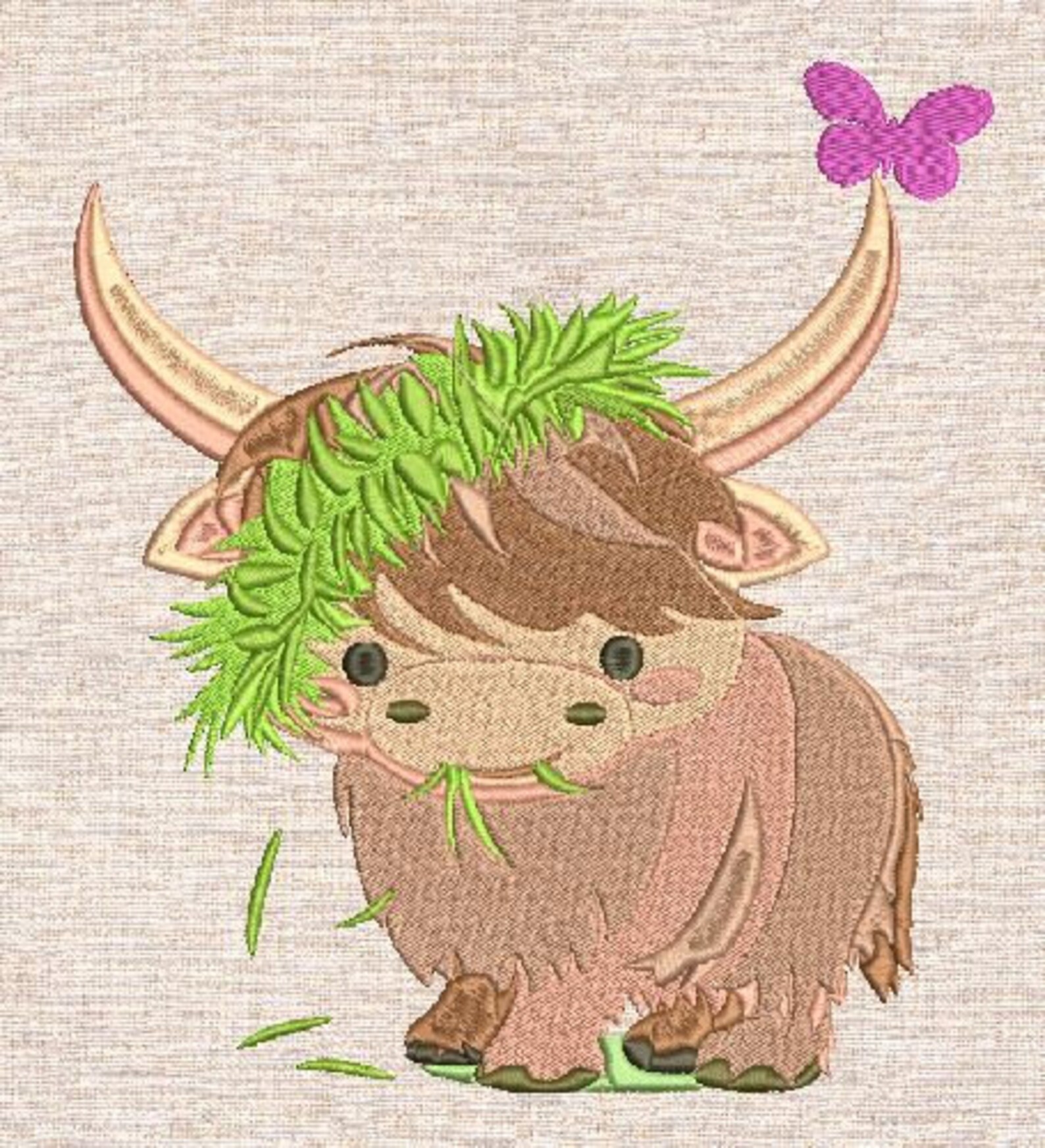 Baby Highland Cow With Grass and Butterfly Embroidery Design for ...