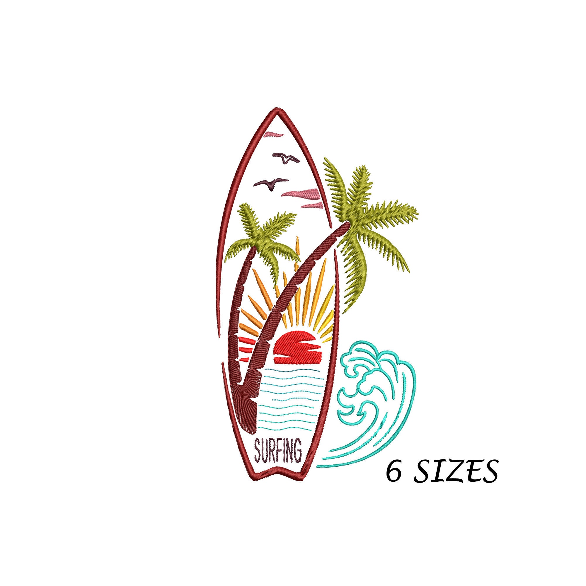 Surf Board With Beach Elements Embroidery Design for Machine , 6 Sizes ...