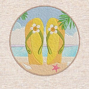 Flip Flop in a Summer Decor Embroidery Design, Flip Flop on Beach Machine Embroidery Design, 6 ...