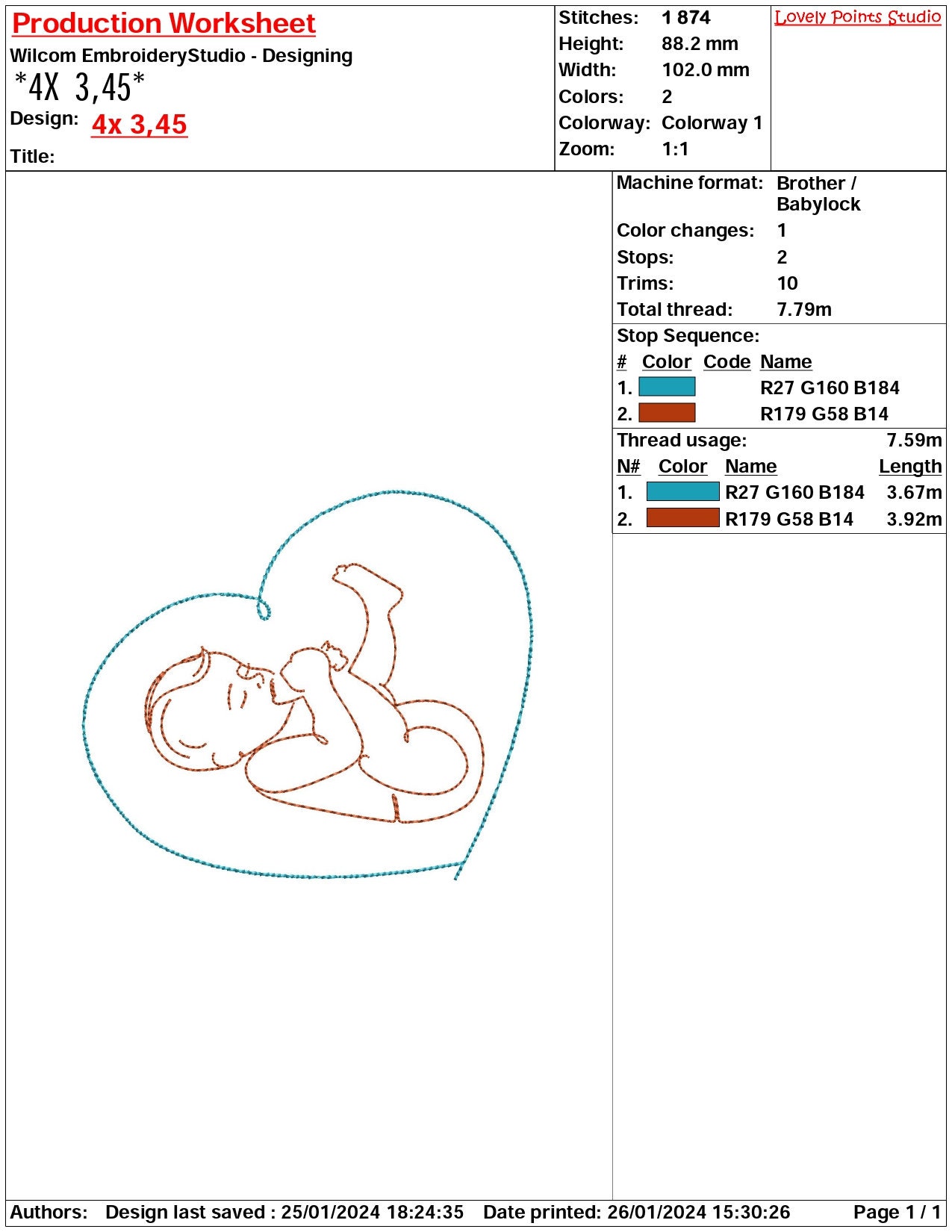 Baby in Heart Line Art Embroidery Design for Machine, 7 Sizes and Multi ...