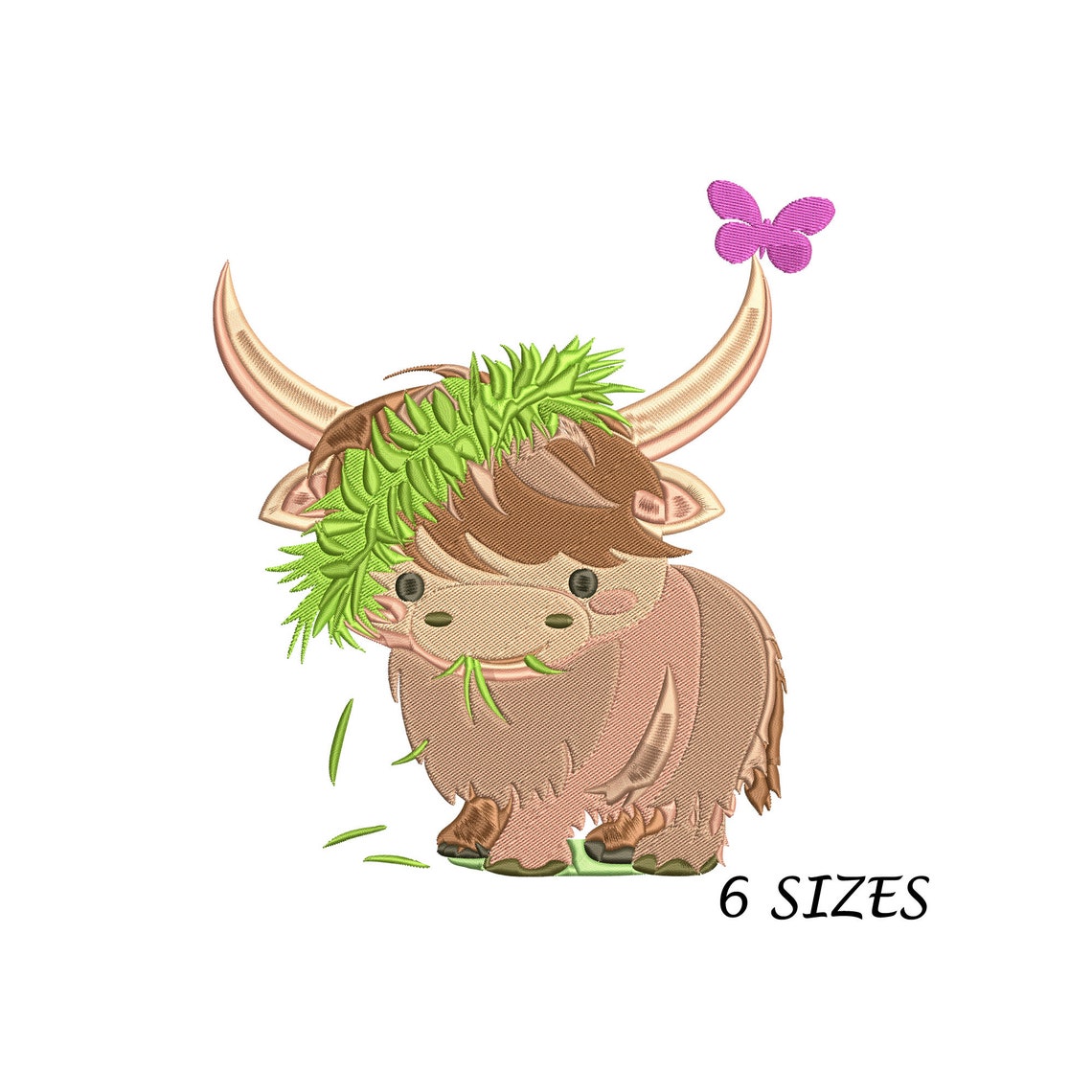 Baby Highland Cow With Grass and Butterfly Embroidery Design for ...
