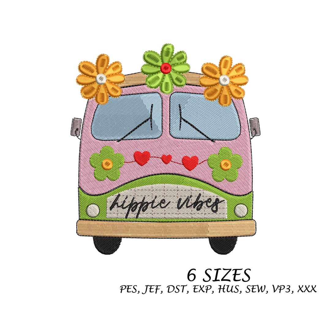 Flower Bus Embroidery Design, Hippie Bus Embroidery Design, Flower Van ...