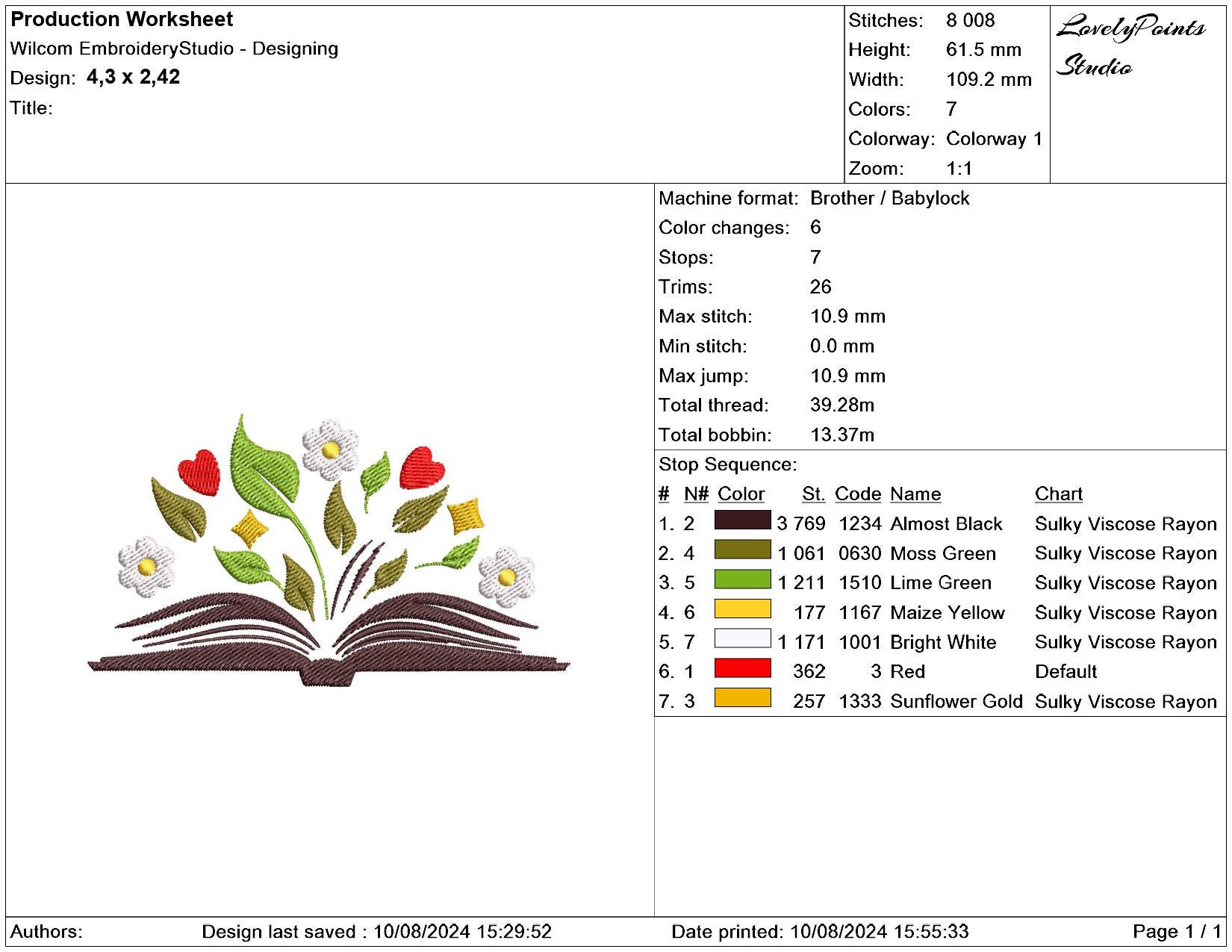 Open Book Embroidery Design: Flowers, Leaves, Hearts (digital File, 6 ...