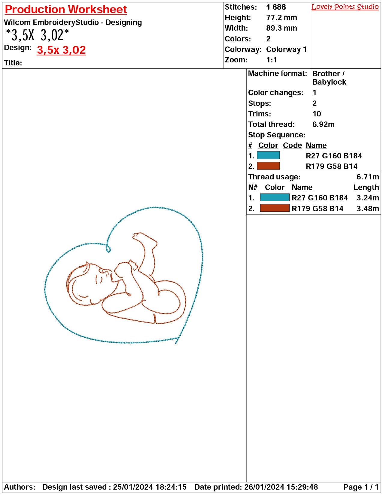 Baby in Heart Line Art Embroidery Design for Machine, 7 Sizes and Multi ...