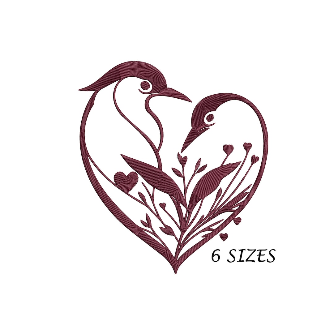 2 Birds in Heart Shape Machine Embroidery Design, 6 Sizes in Multi ...
