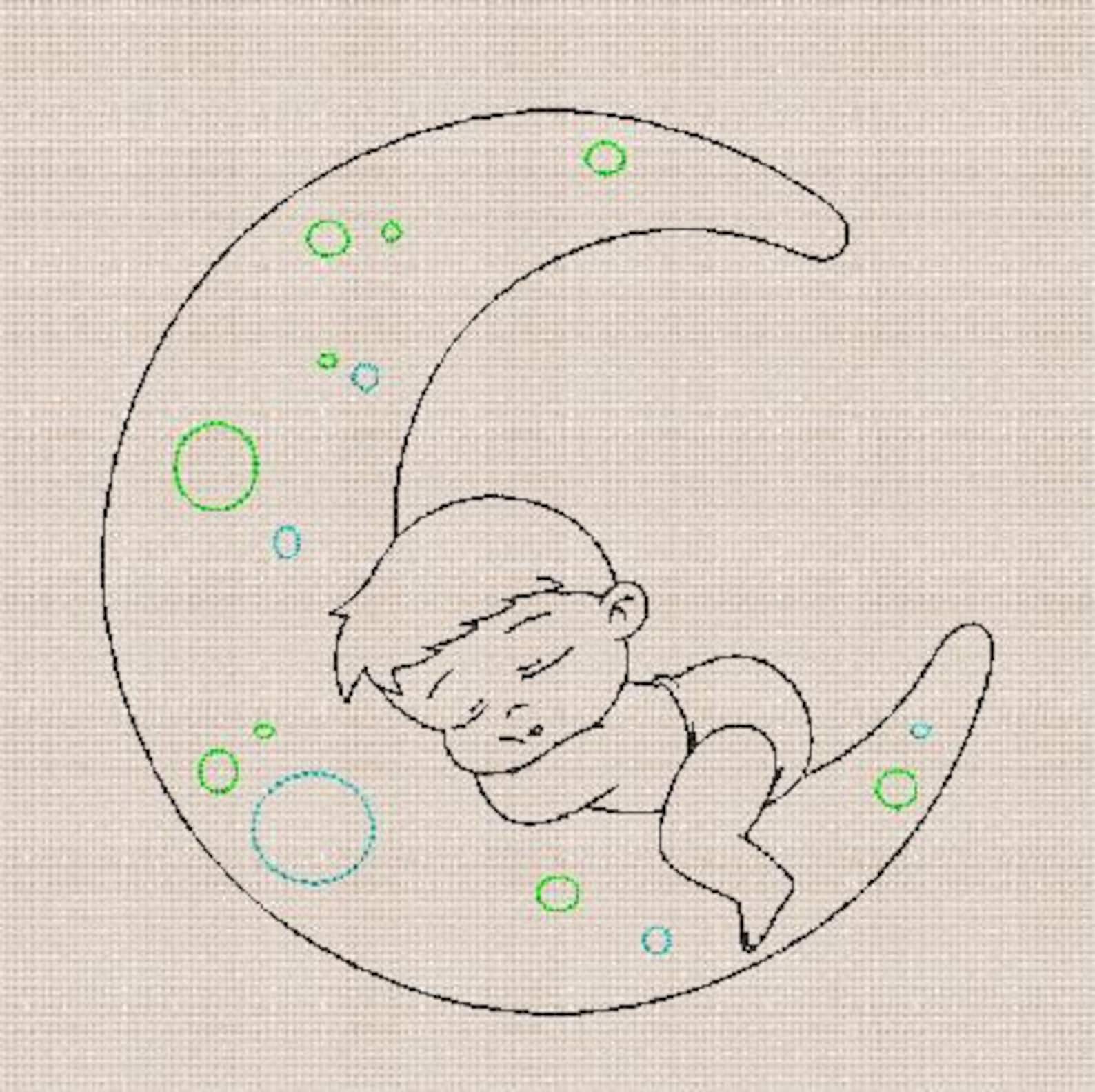 Baby Sleeping on Moon Line Art Embroidery Design (digital File) - Etsy