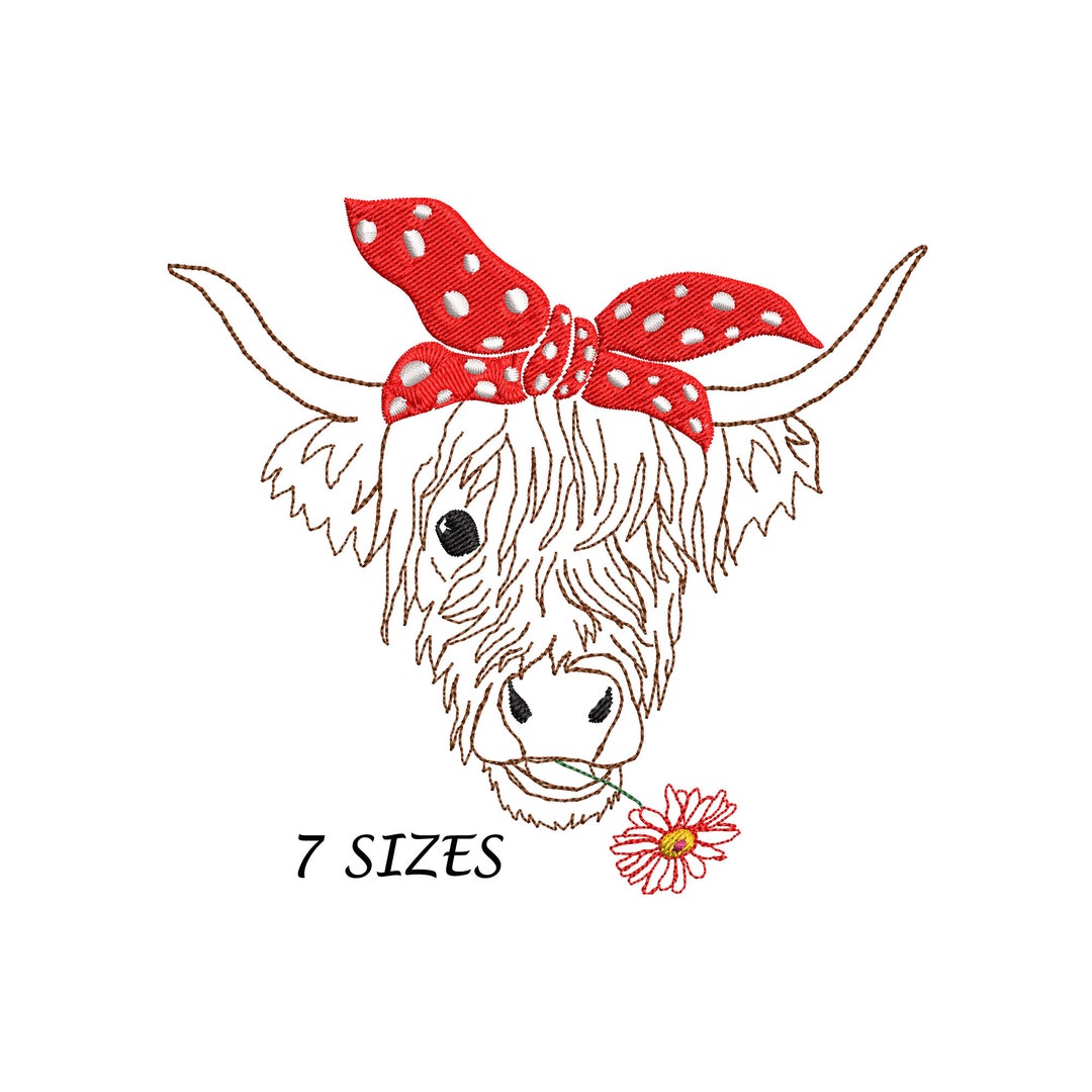 Highland Cow With Bow and Flower Embroidery Design for Machine, Digital ...