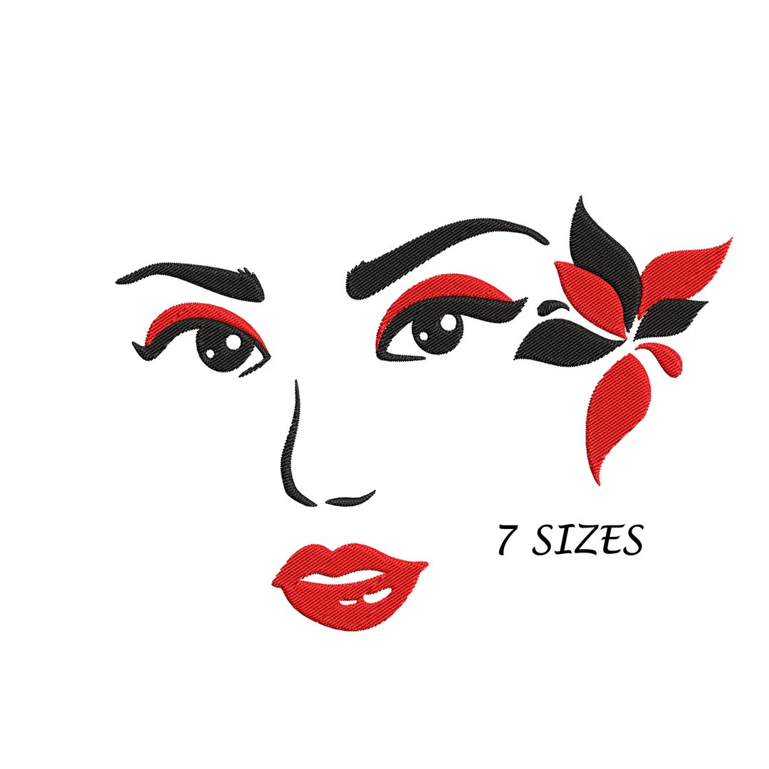 Black and Red Woman Face Embroidery Design for Machine, Digital File in ...
