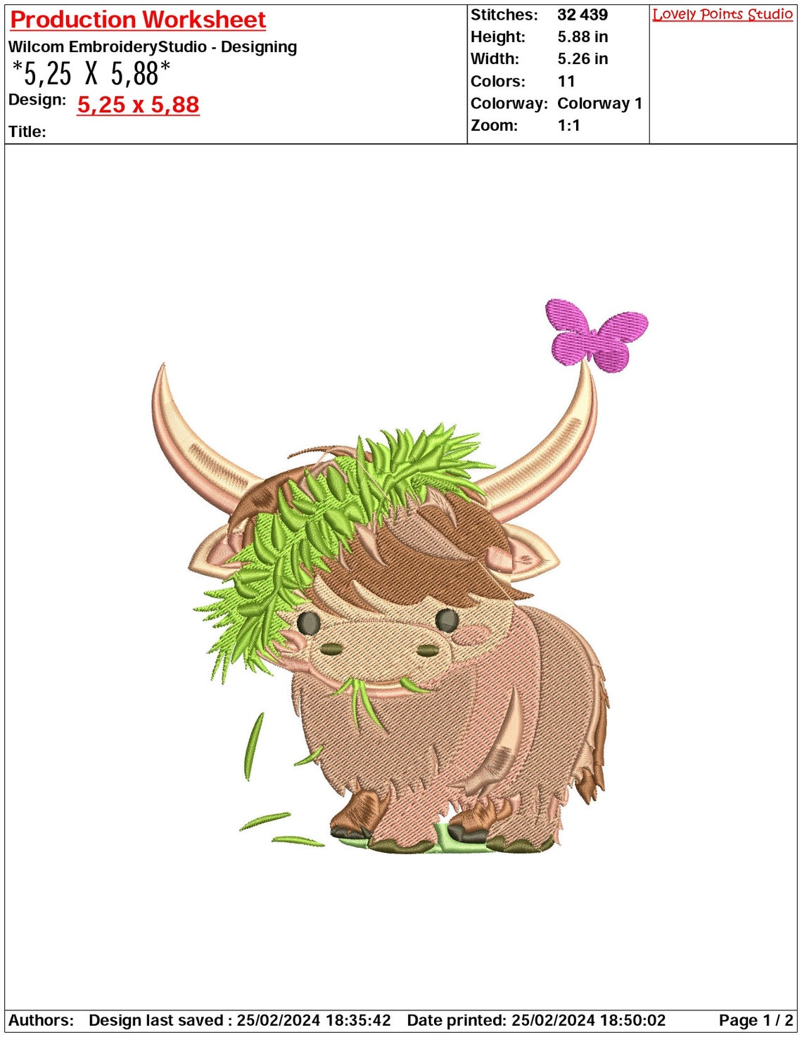 Baby Highland Cow With Grass and Butterfly Embroidery Design for ...