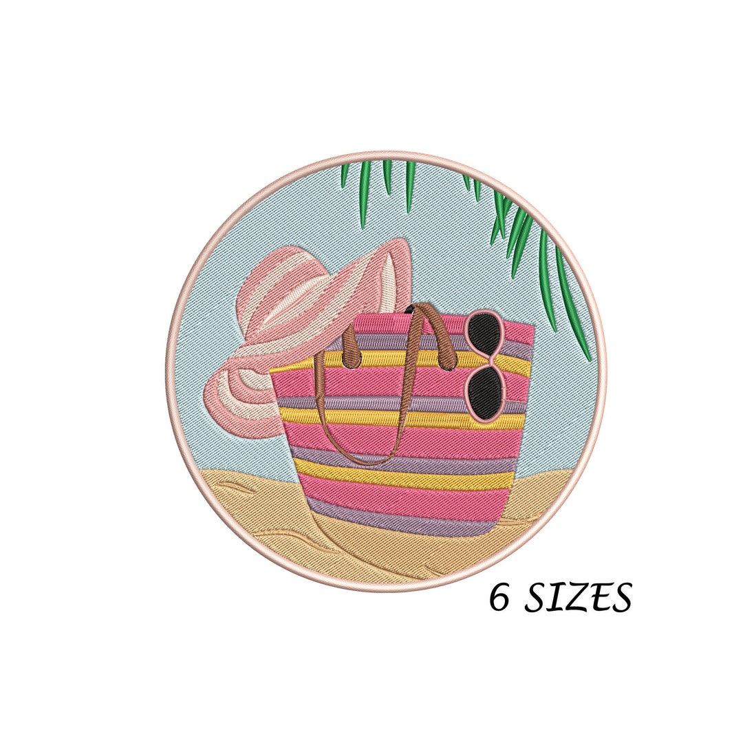 Beach Hat Bag and Sunglasses on Sand Embroidery Design for Machine, 6 ...