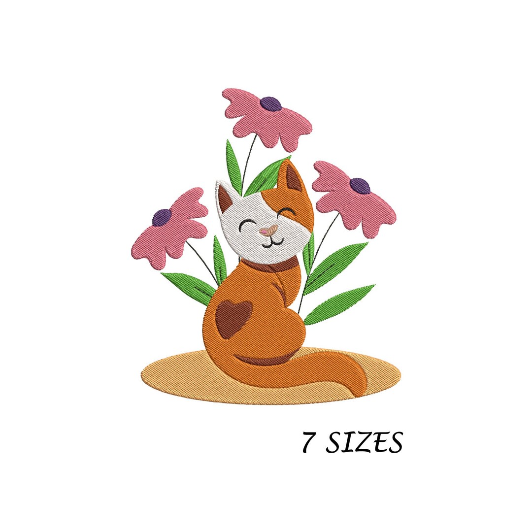 Cat and Flowers Embroidery Design, Machine Embroidery Designs, 7 Sizes ...