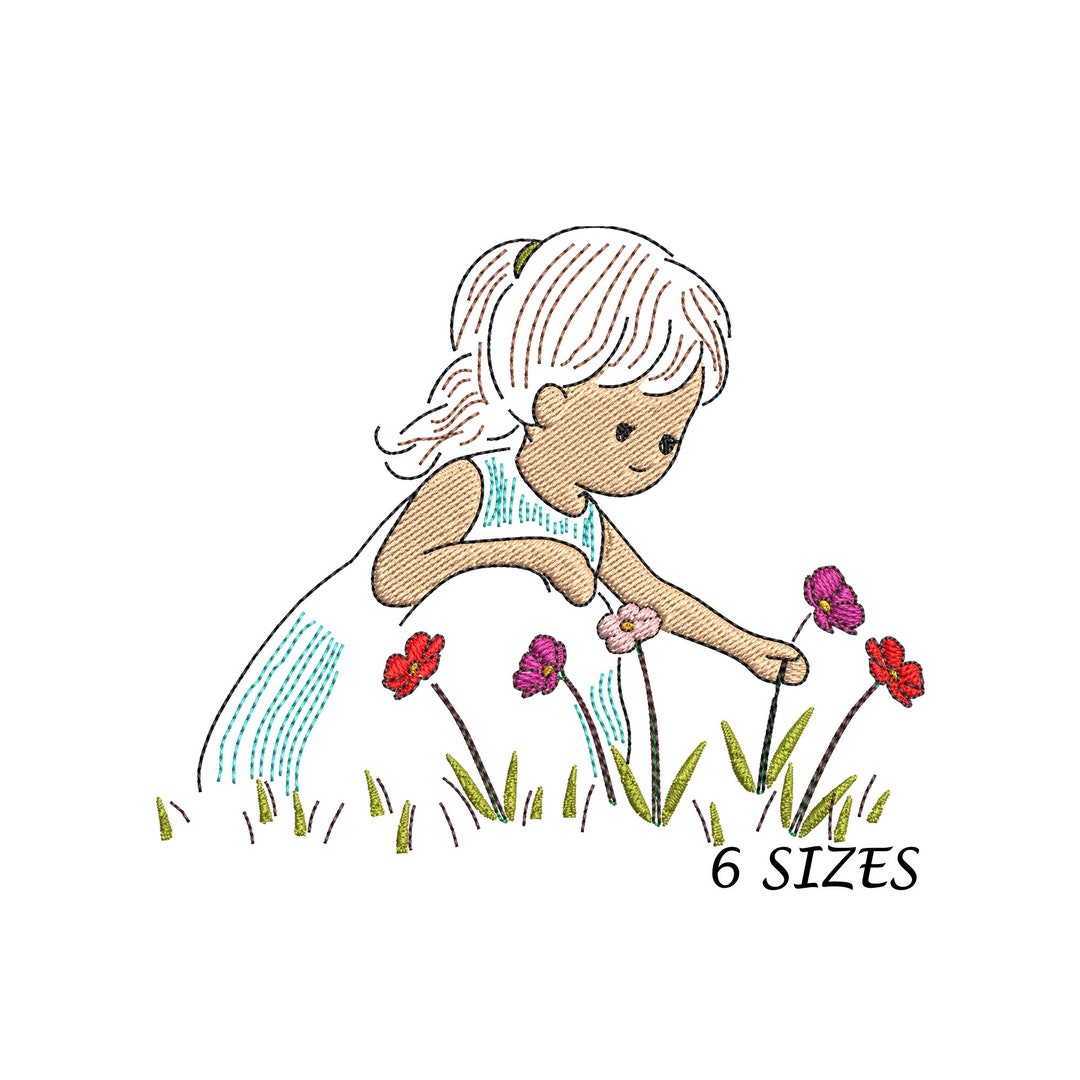 Little Girl Picking Flowers Machine Embroidery Design in Multi Machine ...