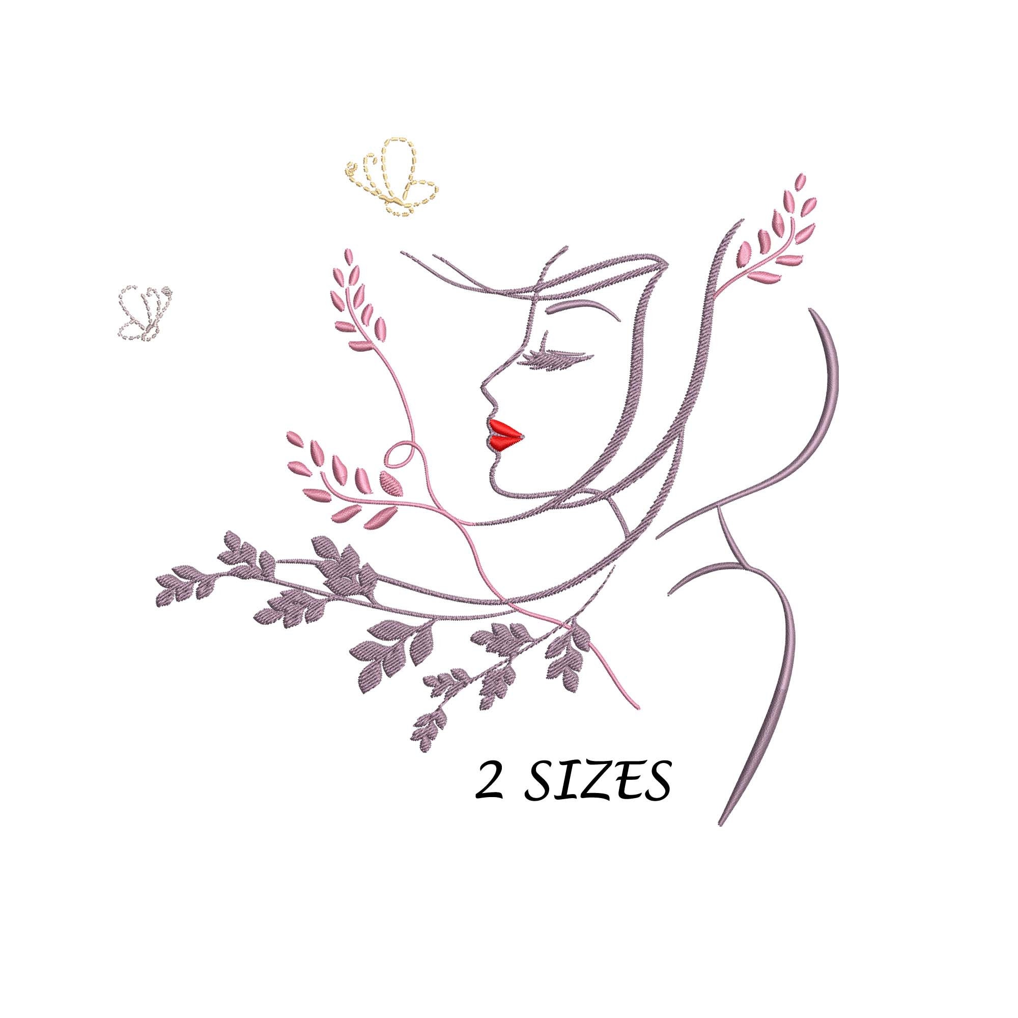 Woman Face Embroidery Design: Flowers and Butterflies Outline (digital ...