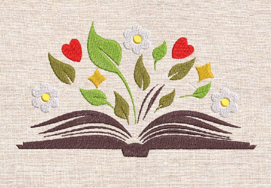 Open Book Embroidery Design: Flowers, Leaves, Hearts (digital File, 6 ...
