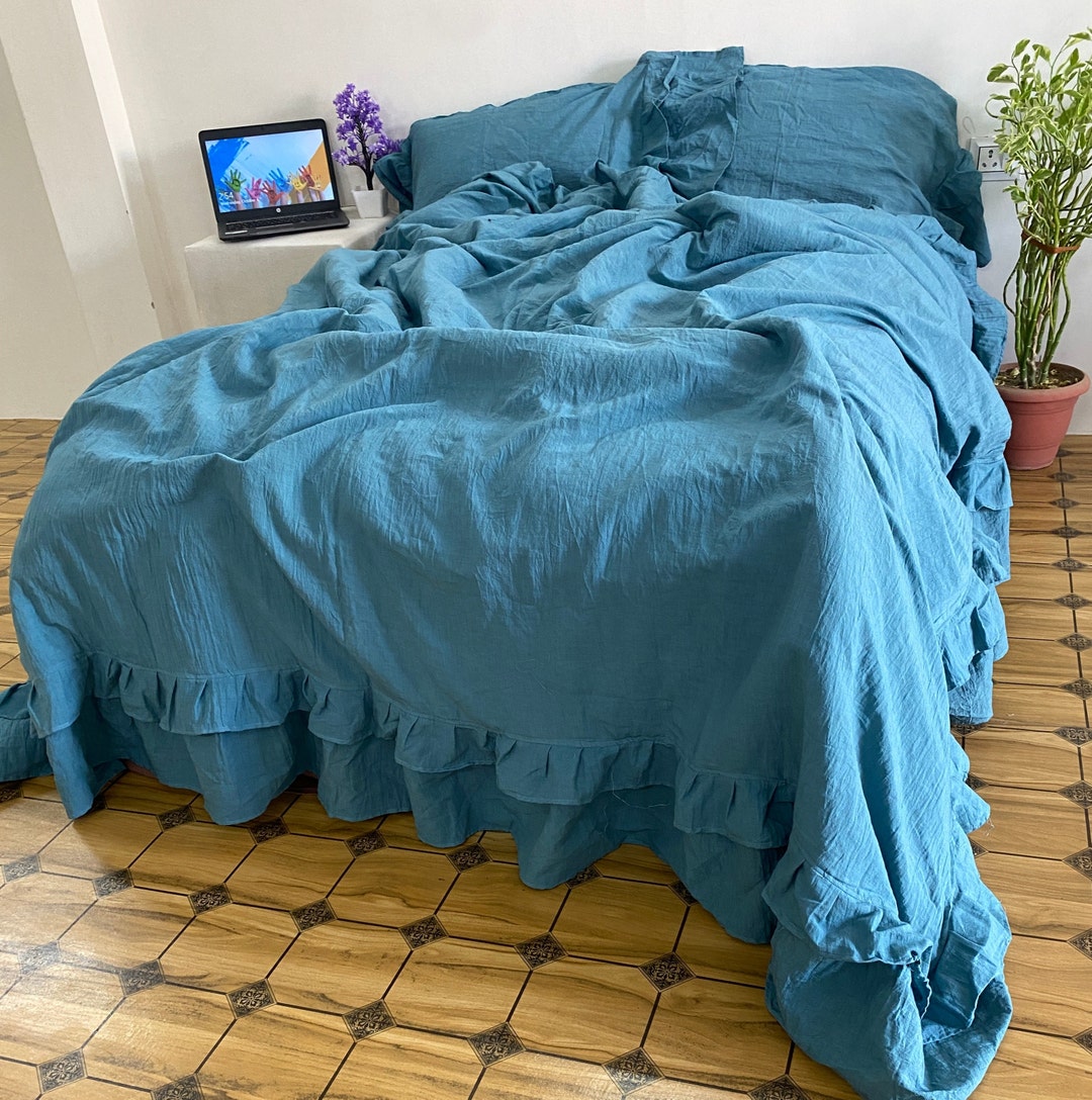 Rustic Style Linen Bedding With Double Ruffles, French Linen Bedding ...