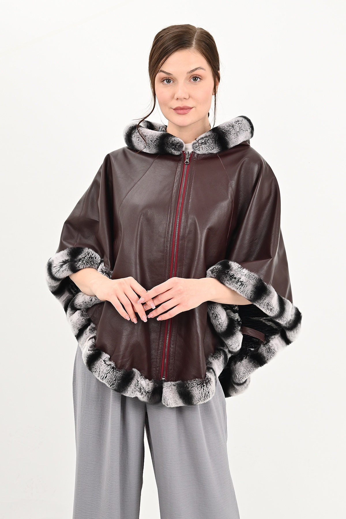 Double-sided Black Leather Cape With Hood Rex Rabbit Fur Trim and Cuffs ...