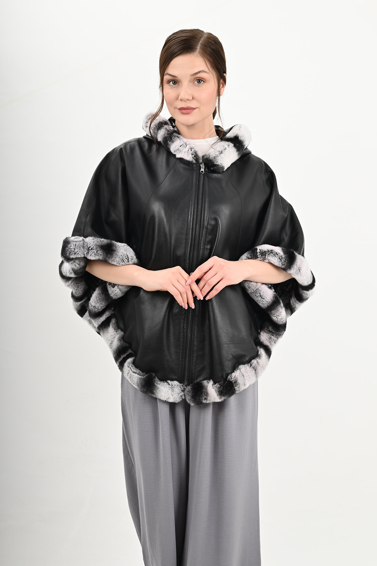Double-sided Black Leather Cape With Hood Rex Rabbit Fur Trim and Cuffs ...