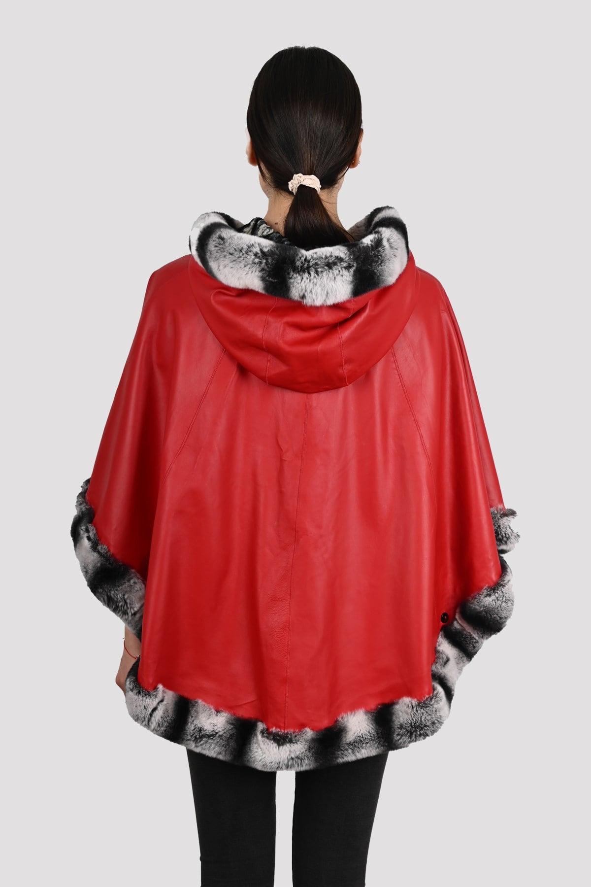 Double-sided Black Leather Cape With Hood Rex Rabbit Fur Trim and Cuffs ...
