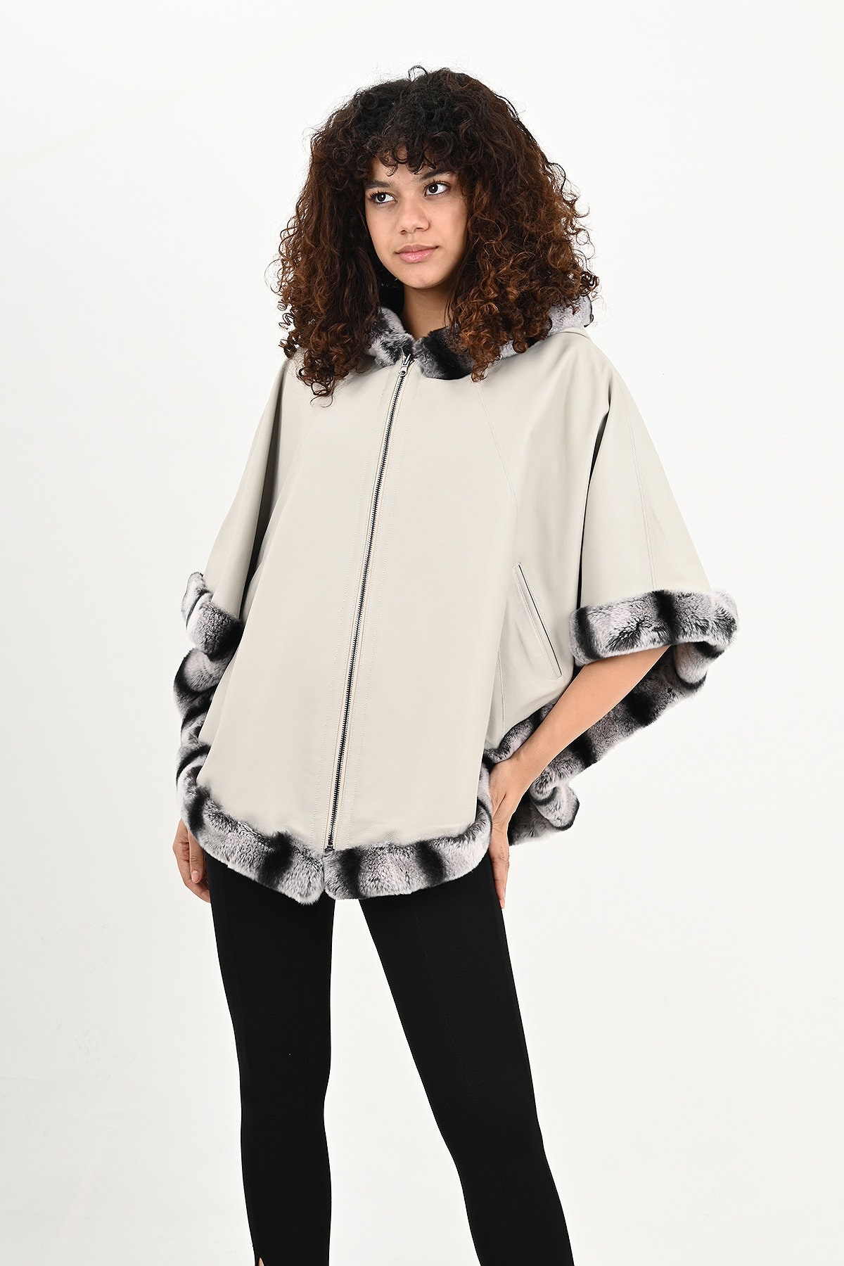 Double-sided Black Leather Cape With Hood Rex Rabbit Fur Trim and Cuffs ...