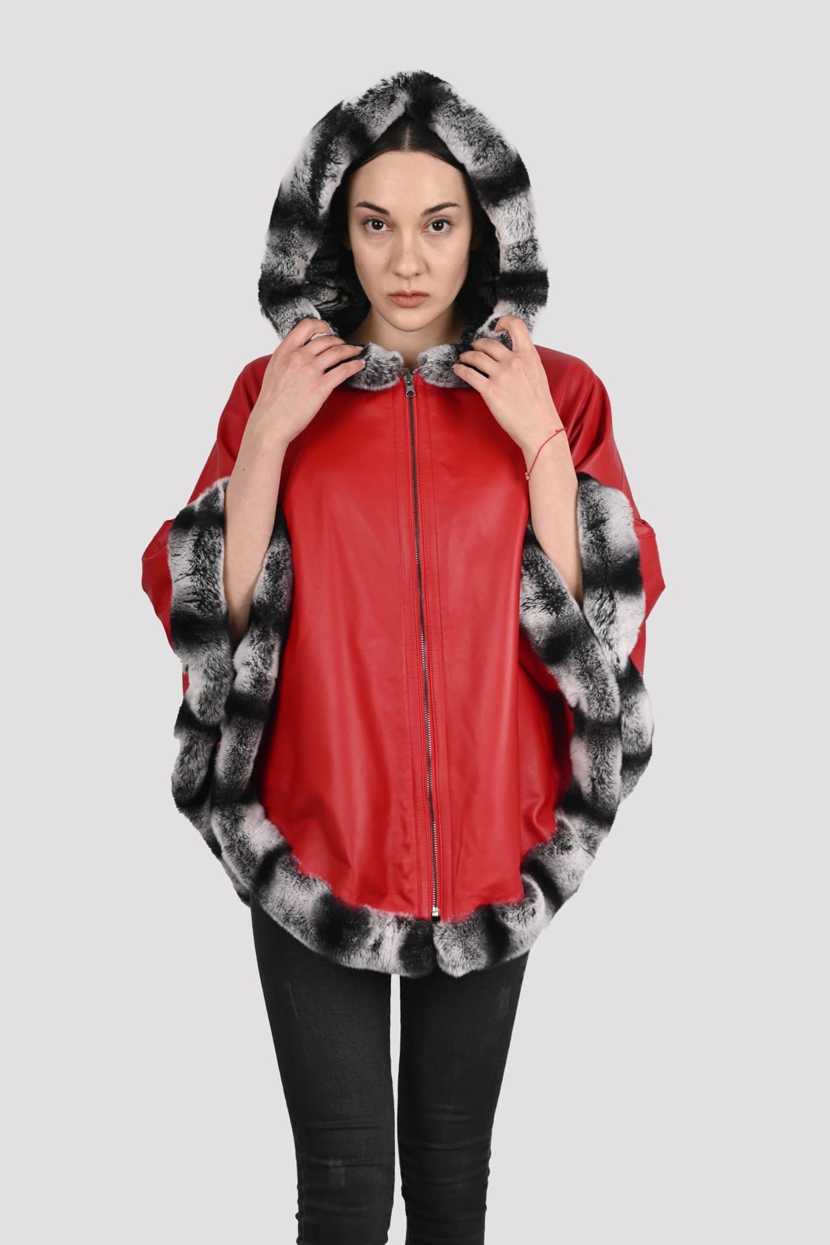 Double-sided Black Leather Cape With Hood Rex Rabbit Fur Trim and Cuffs ...